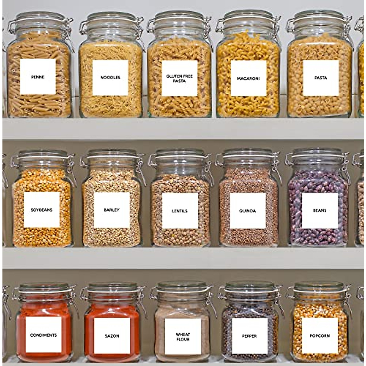 144 Modern Kitchen Pantry Labels for Food Storage Containers, Waterproof Printed on White Glossy Labels, Household Stickers + Numbers, Water Resistant, Organization for Jars and Canisters