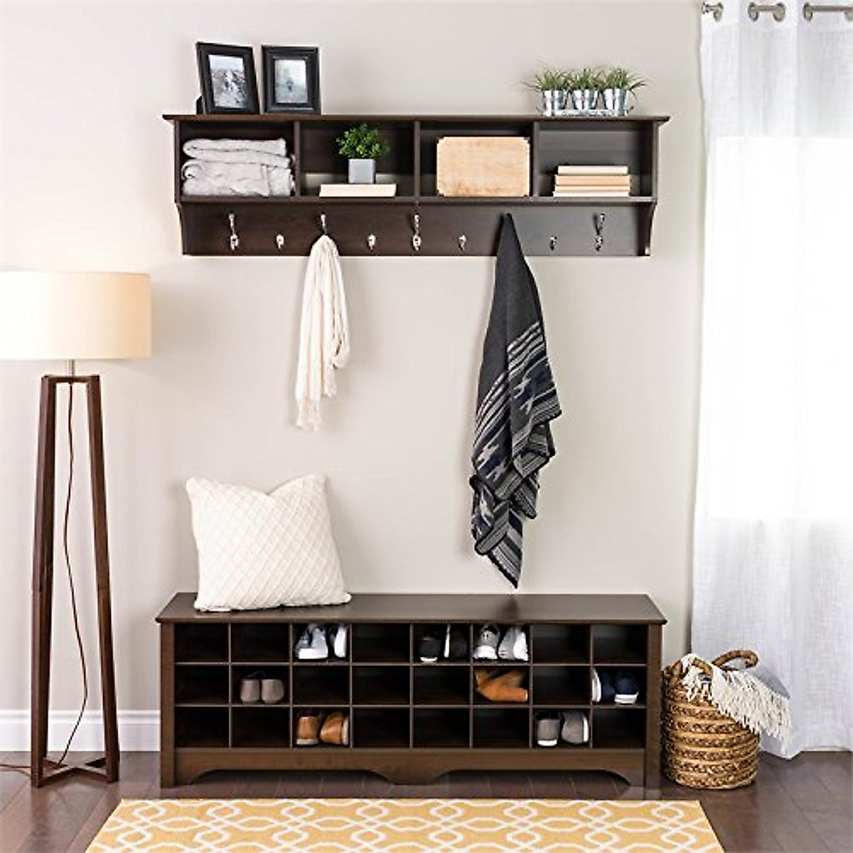 Pemberly Row 60" Contemporary Shoe Cubby Bench in Espresso