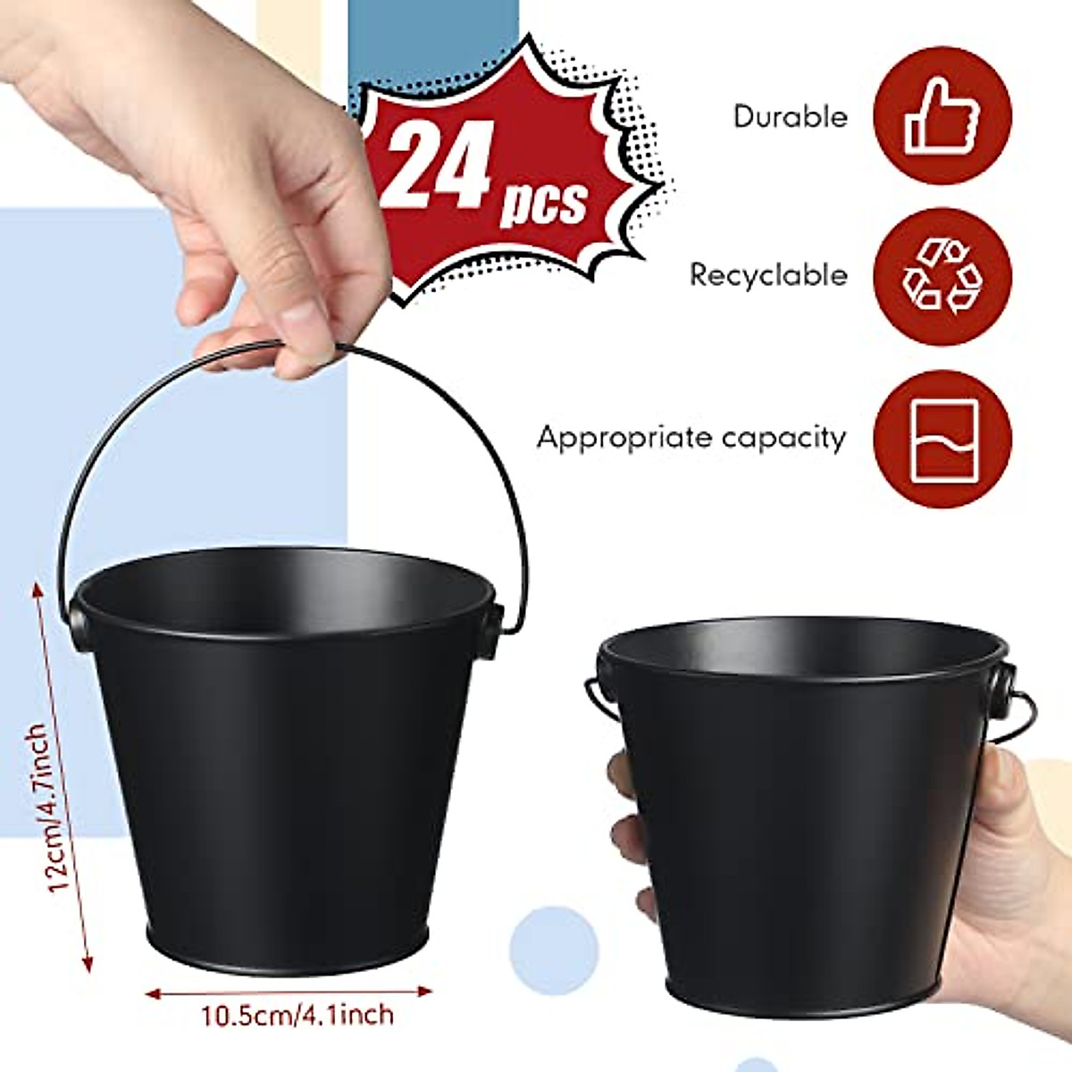 24 Packs 4.1 x 4.7 Inch Metal Buckets with Handle Small Iron Pail Metal Buckets for Party Black Bucket for Plant Candy Crafts Vase Favor Mini Toy Container School Storage and Party Supplies