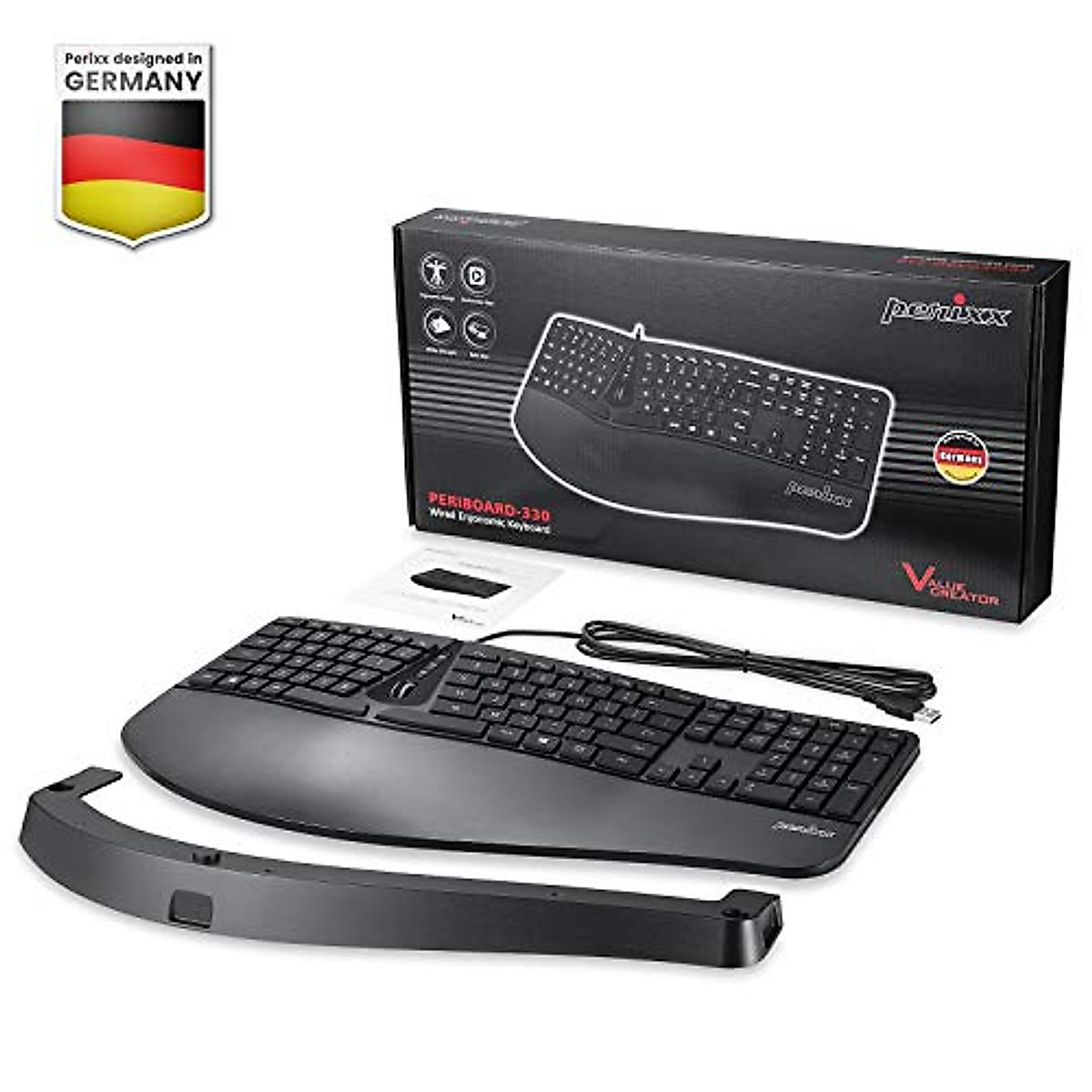 Perixx PERIBOARD-330B, Wired Ergonomic Keyboard with Adjustable Wrist Rest, Illuminated Keys, and Membrane Low Profile Keys, 2 Extra USB Ports, US English Layout