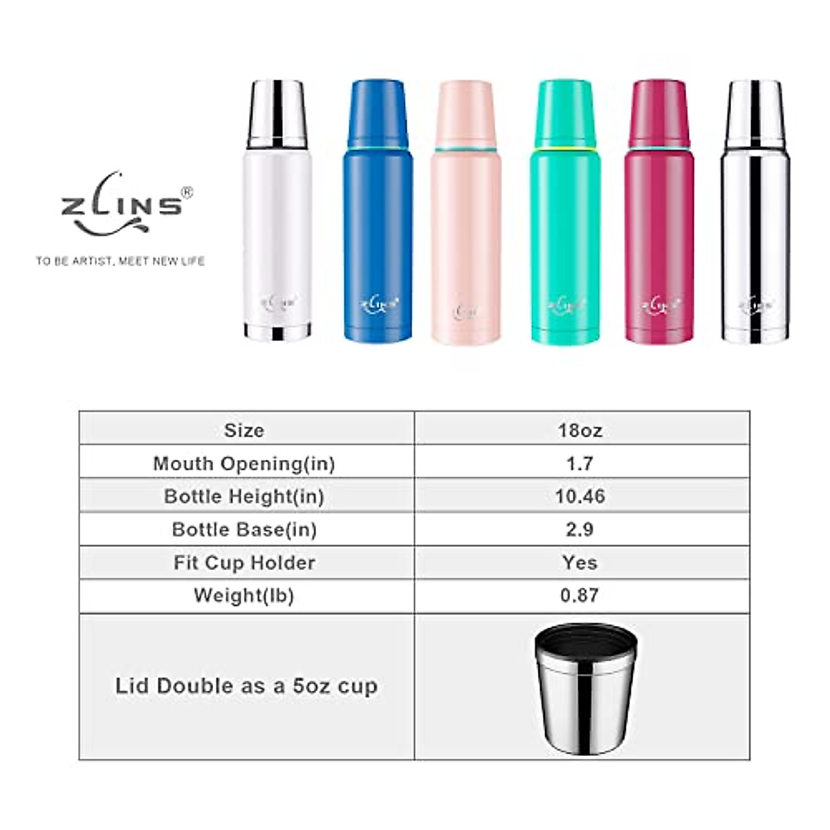 ZLINS Stainless Steel Sports Water Bottle 18oz Vacuum Insulated - Double Wall Hot Cold Thermos Wide Mouth Flask - Leak-Proof TRAVEL MUG for Coffee, Tea, Carbonated Drinks BPA Free(Green)