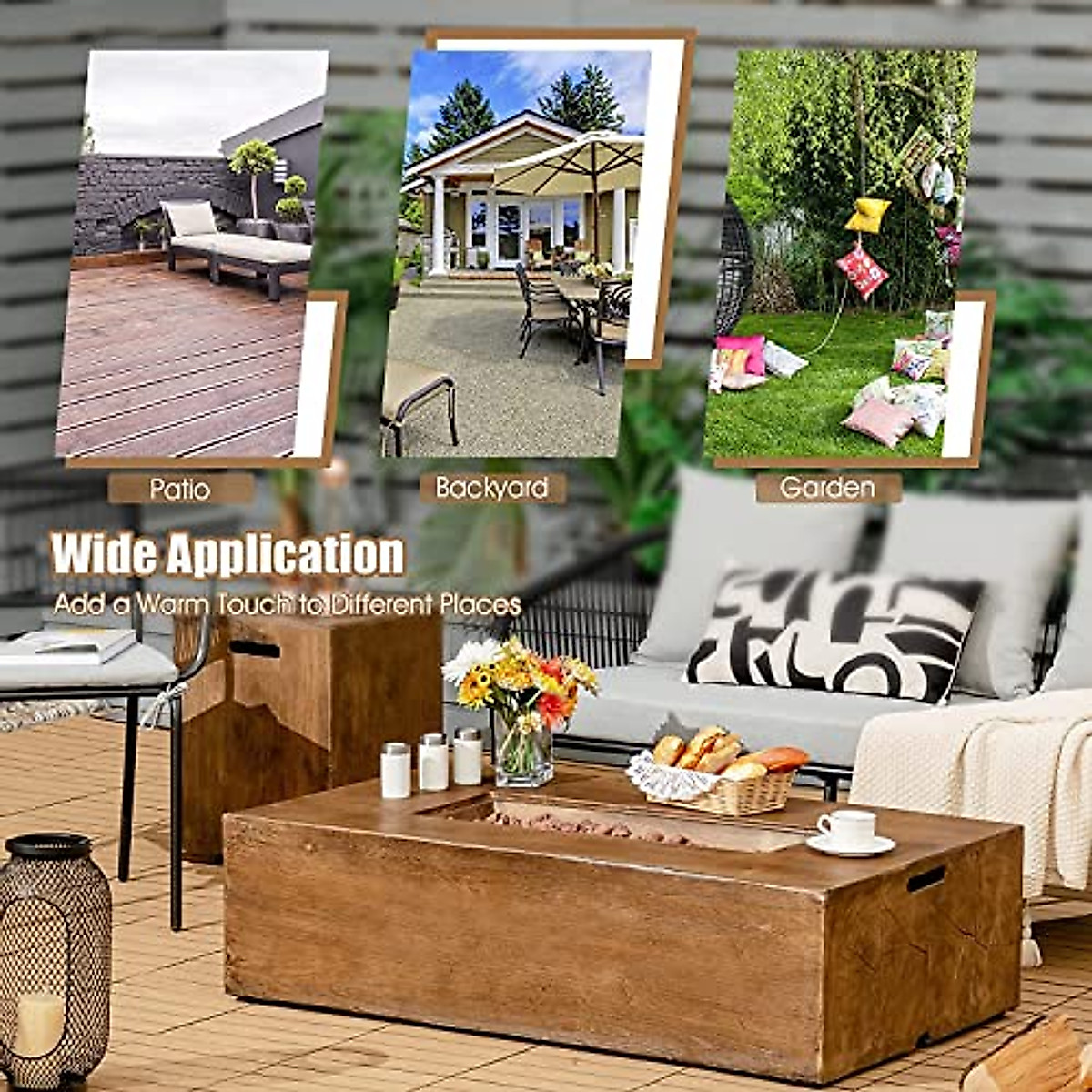 Renatone Fire Table Set, 50,000 BTU Rectangular Outdoor Propane Fire Pits w/ 16" Tank Cover Box, Waterproof Cover, CSA Certified for Patio, Balcony, Deck, Garden