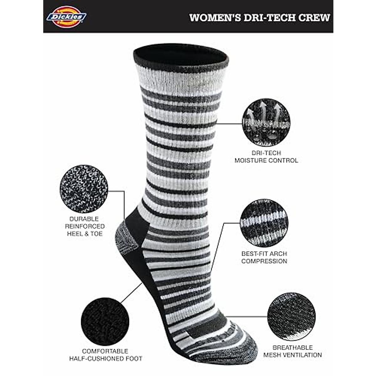 Dickies Women's Dri-tech Moisture Control Crew Socks Multipack, Stripe (6 Pairs), Medium
