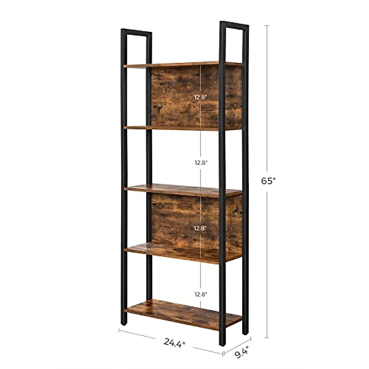 VASAGLE ALINRU Storage Shelf, Bookshelf with 5 Shelves, Steel Frame, for Living Room, Entryway, Office, Industrial Style, Rustic Brown and Black ULLS025B01, 24.4”L x 9.4”W x 65”H (62 x 24 x 165 cm)