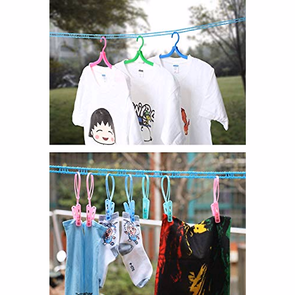 Travel Clothesline Laundry Storage and Organization, Ouioui 24 Pieces Portable Camping Clothesline with Space Saving Drying Shoe Rack, Quilt Clips and Clothes Hanger Connector Hooks for Indoor Outdoor