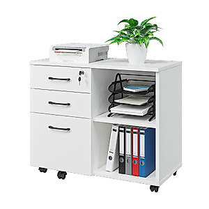 Panana Wood File Cabinet, 3 Drawer Mobile Lateral Filing Cabinet on Wheels, Printer Stand with Open Storage Shelves for Home Office (White)