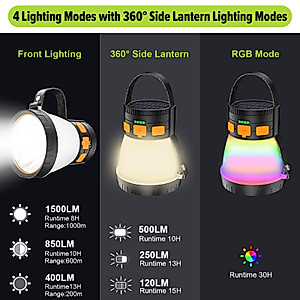 LED Camping Lantern, 1500 Lumens Camping Lantern Rechargeable with Solar Panel Charging, Waterproof, 8 Light Modes, 7500mAh Power Bank, Camping Flashlight for Hurricane Emergency, Hiking, Outdoor