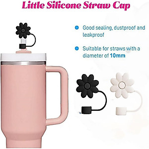 2 Pack Flower Straw Cover Cap for Stanley Cup Cute Silicone Straw Topper Compatible with 30&40 Oz Tumbler with Handle,Straw Tip Covers 10mm 0.4in Diameter (Black and White Flower)