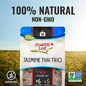 3 Packs x 14 ounces Jasmine Thai Trio, Riceberry Rice (Jasmine Black Rice), Brown Jasmine Rice and Red Jasmine Rice, Non Gluten, Non-Gmo, Kosher and Vegan - Floating Leaf