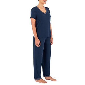 Fruit of the Loom womens Short Sleeve Tee and Pant 2 Piece Sleep Pajama Set, Midnight Blue, Large US