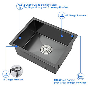 MENATT 24 Inch Undermount Single Bowl Kitchen Sink, SUS304 Stainless Steel Handmade Kitchen Sink Undermount Black, 24"x18"x9"