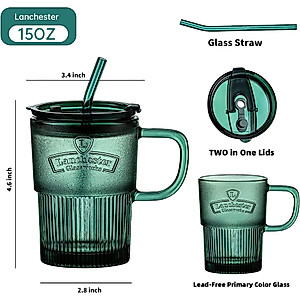 LOVWISH Glass Cups with Lids and Straw,15OZ Drinking Glasses with Handle, Suitable for Men and Women Drinking Water, Coffee, Tea, Juice, Beer -[2 Pack]