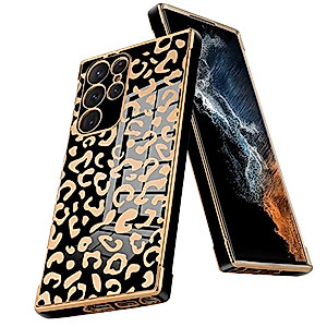 Fiyart Designed for Samsung Galaxy S22 Ultra Case Cheetah Print Design for Women Girls Soft TPU Plating Full Camera Lens Protection Leopard Print Phone Cover Bumper for S22 Ultra 6.8"-Black
