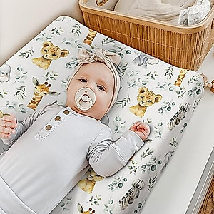 HawSkgFub African Safari Jungle Animals Eucalyptus Leaf Changing Pad Cover Baby Girls Boys, Giraffe Elephant Lion Zebra Diaper Change Table Sheet, Stretchy Safe Snug Fitted Changing Mat 32"/34" x 16"