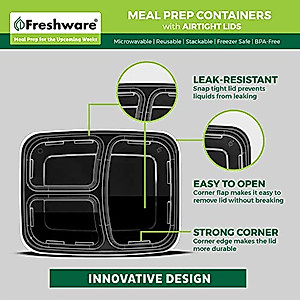 Freshware Meal Prep Containers [15 Pack] 3 Compartment with Lids, Food Containers, Lunch Box, Stackable, Bento Box, Microwave/Dishwasher Safe (32 oz)