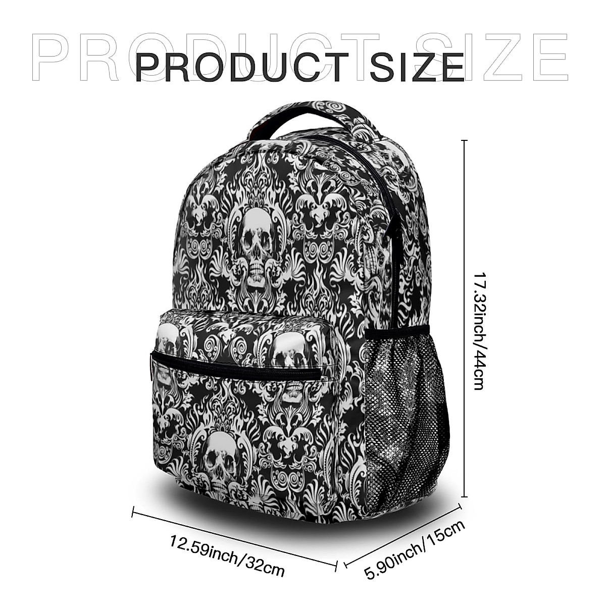 Black Skull Backpack Vintage Floral Casual School Bag Lightweight Zipper Laptop Bookbag Hiking Shoulder Daypack for Women Men