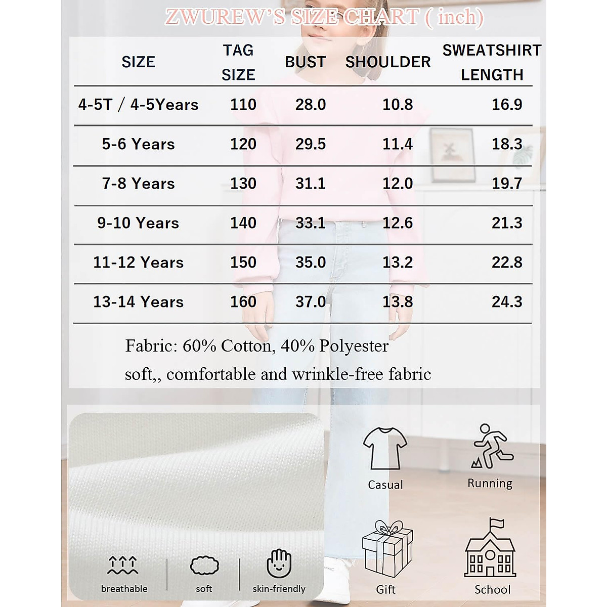 Zwurew Long Sleeve Girls Shirts Crewneck Sweatshirts Ruffle Tops Khaki Spring Clothes Shirts for Girls 9-10 Years