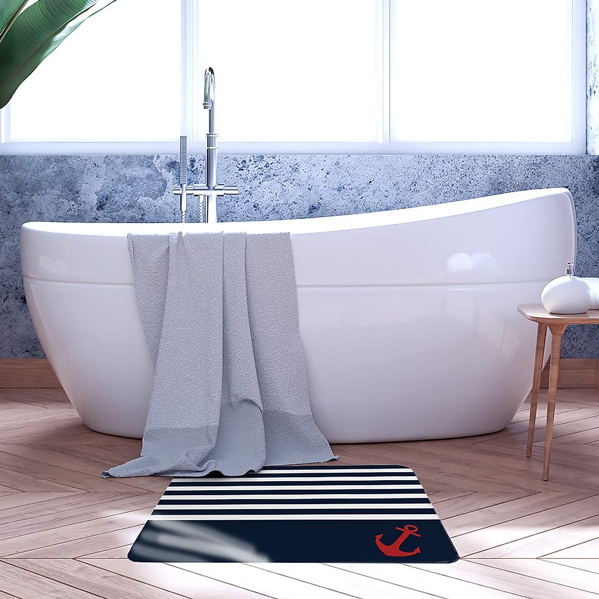 Nautical Anchor Indoor Door Mat, Absorbent Floor Mats Bathroom Rugs, Summer Ocean Coastal Blue White Striped Kitchen Runner Rugs, Non Slip Doormat for Bedroom/Sink/Laundry, 16"x24"