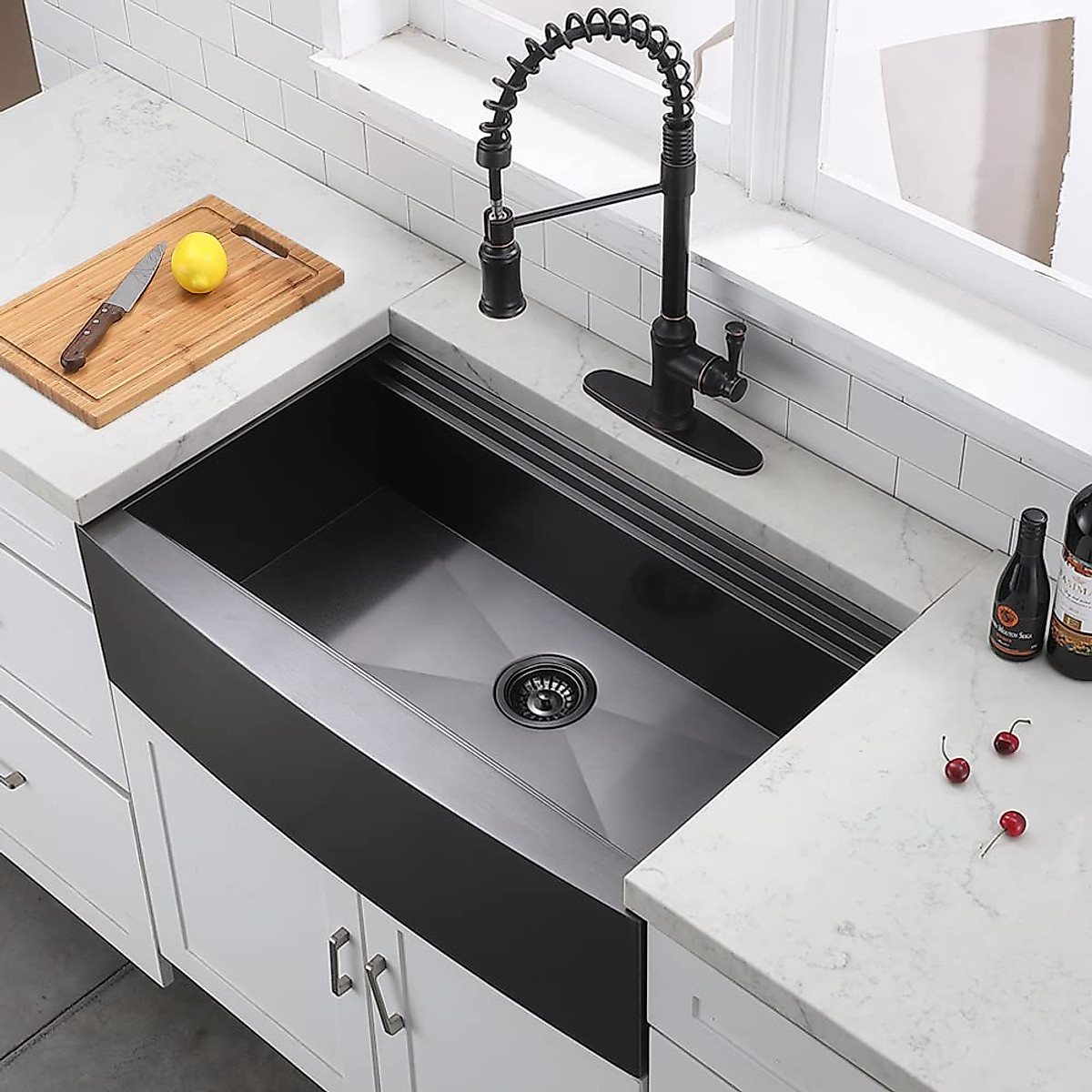 KINGO HOME 33 inch Black Farmhouse Sink, 16 Gauge Ledge Stainless Steel Rustic Farmhouse Sink Apron Front Undermount Farm Kitchen Sink with Accessories Farmers Sink Rustic Farmhouse Kitchen Sink