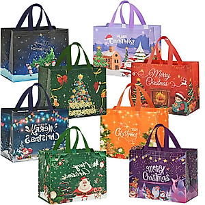 8Pack Large Christmas Gift Bags, Reusable Christmas Bags for Gifts，Christmas Tote Bags with Handles, 12.4"×9.7"×6.8" Xmas Gift Bags for Christmas Presents, Holiday Gift Bags for Shopping, Party Favor