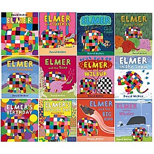 Elmer 12 Classic Picture Books Collection Set by David McKee (Elmer, Super El, Lost Teddy, Race, Rainbow, Tune, Wilbur, Snow, Birthday, Special Day, Big Bird & Whales)