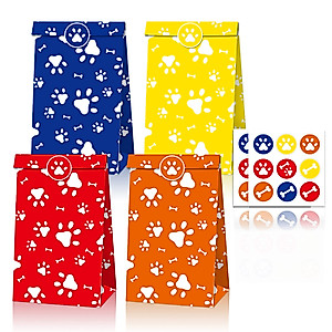 Esweny 12PCS Puppy Dog Paw Print Bone Gift Bags Supplies Doggie Theme Birthday Party Decorations Supplies Favors Goodie Candy Treat Bags with 18PCS Stickers