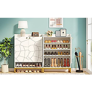 Tribesigns Shoe Cabinet with Doors, White Gold 6-Tiers Shoe Storage Cabinet for Entryway, Modern Free Standing Shoe Cabinet Storage Organizer for Living Room, Bedroom,Closet