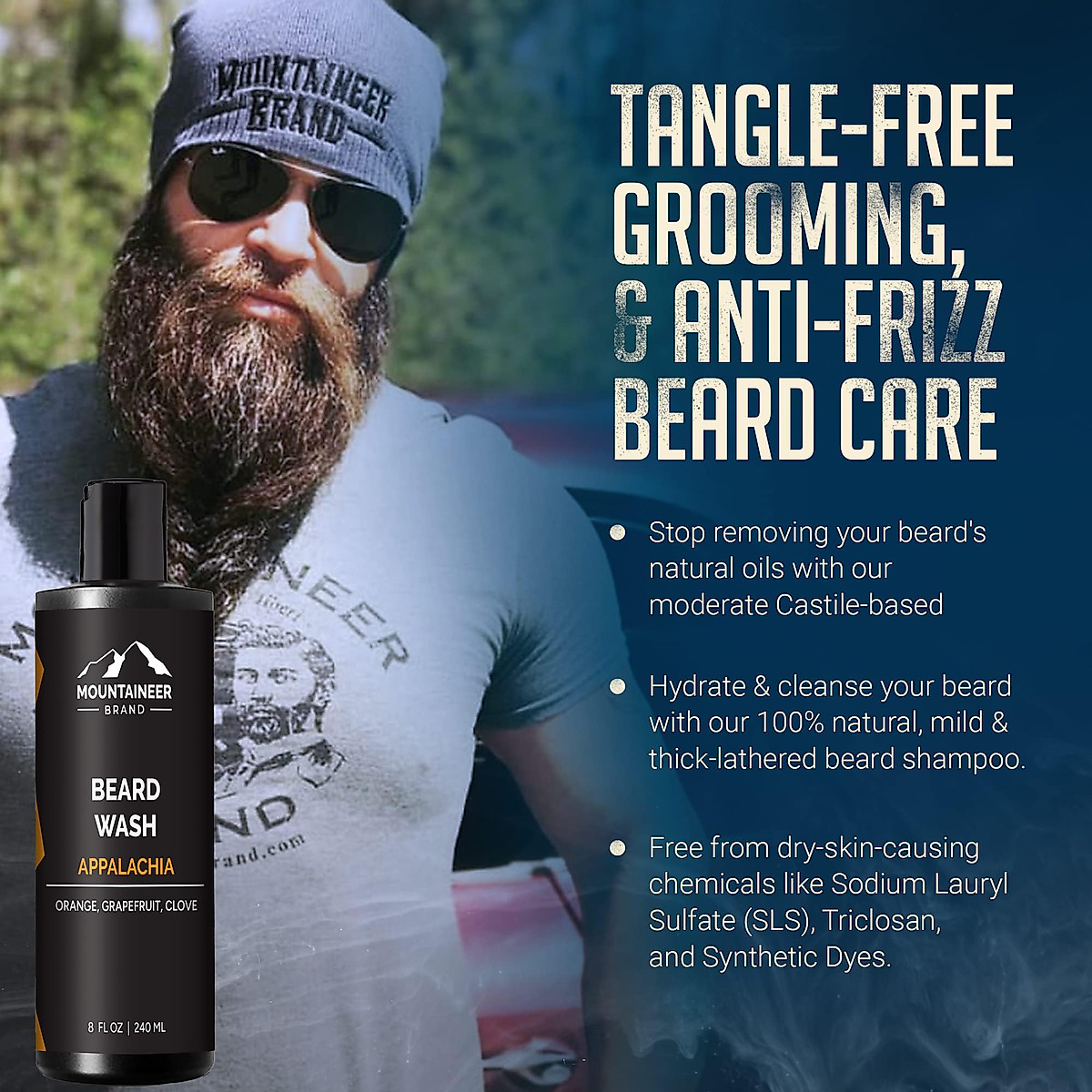 Mountaineer Brand Beard Wash For Men | 100% Natural Beard Shampoo | Thick Cleaning Softening Lather | Grooming Treatment with Orange, Grapefruit, Clove Essential Oils | Appalachia Scent 8oz