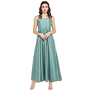 Janasya Indian Women's Mustard Foil Printed Poly Silk Ethnic Dress