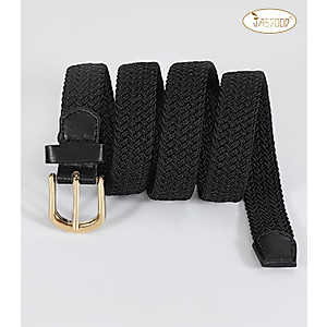 JASGOOD Women Braided Elastic Belt, 1'' Narrow Width Woven Fabric Belt for Jeans Men Golf Belt with Gold Buckle, B-Black+Khaki