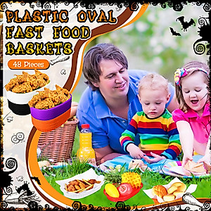 48 Pcs Fast Food Baskets for Serving Deli Basket Plastic 10.5x7x1.2 Inch Large Oval Chips Basket Reusable Halloween Mexico Fiesta Basket for Restaurant Picnic Party (Rose Red, Blue, Green, Rose Pink)