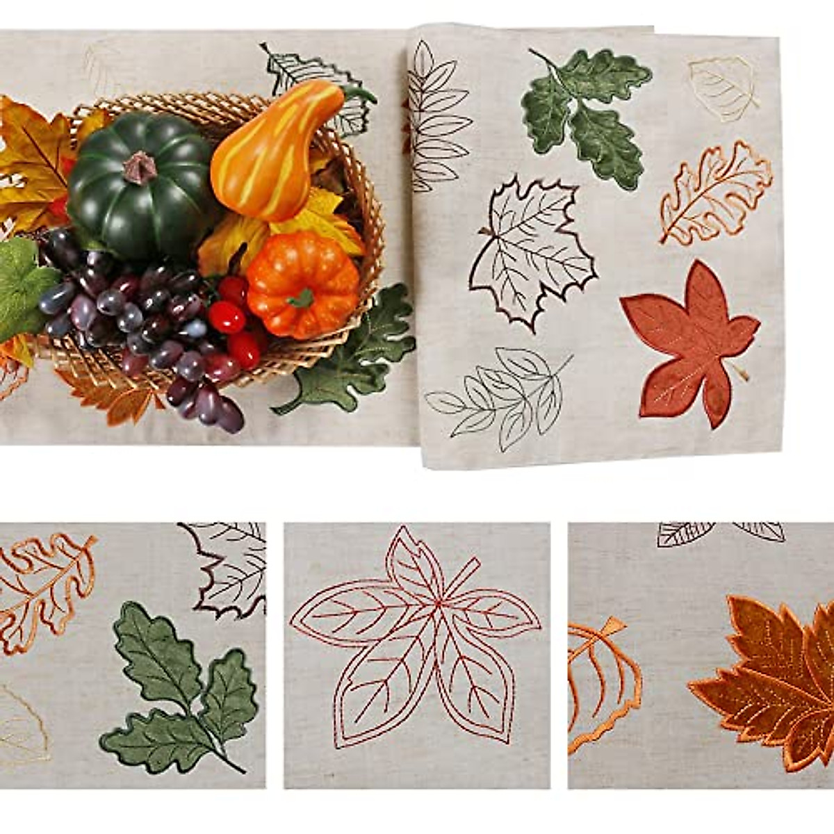 OWENIE Fall Table Runner 70 Inches Long, Embroidered Thanksgiving Table Runner for Fall, Autumn Harvest Farmhouse Linen Table Runner with Colorful Maple Leaves, 13 x 70 inches