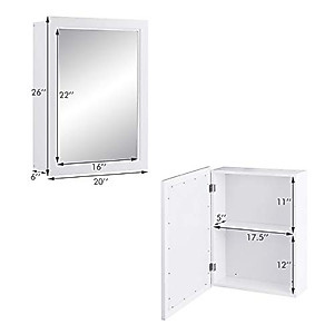 Casart Mirror Medicine Cabinet W/Single Door and Inner Adjustable Shelf in 3 Heights Storage Organizer for Bathroom, Vestibule, Bedroom Wall Mount Bathroom Cabinet,White