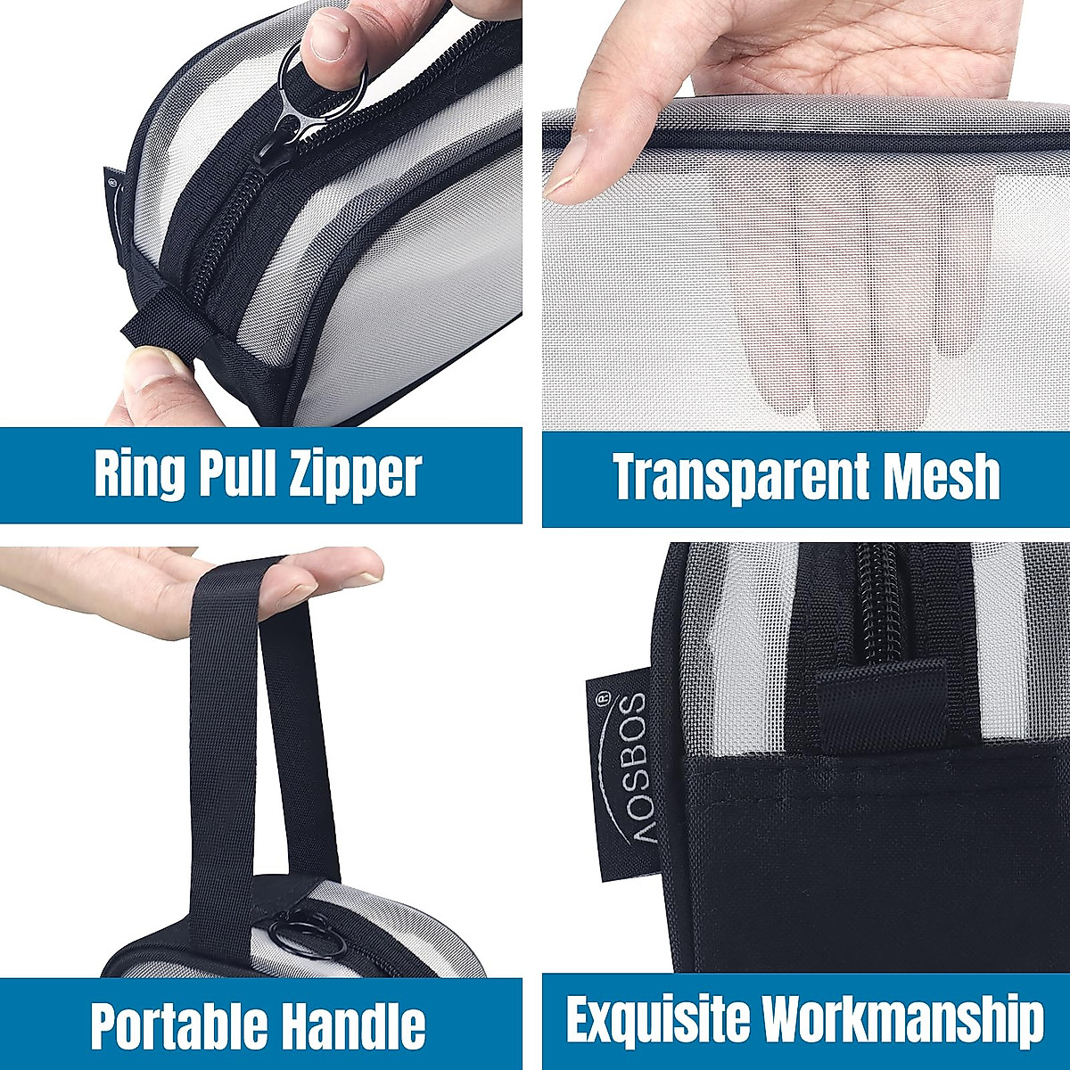 Aosbos Mesh Pencil Case, Clear Pencil Pouch Pencil Bags, Transparent Pen Holder Bag, Multi-Purpose Organizer Box with Portable Strap, White and Black