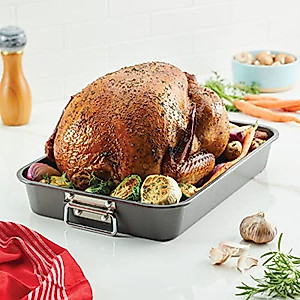 Farberware Bakeware Nonstick Steel Roaster with Flat Rack, 11-Inch x 15-Inch, Gray