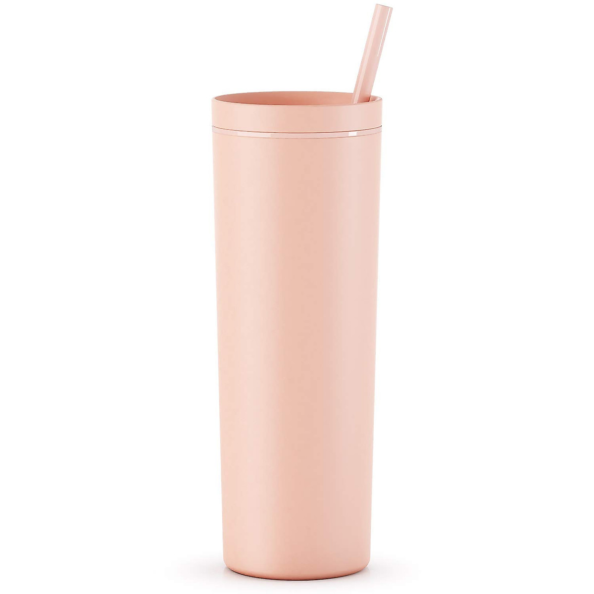 Maars Skinny Acrylic Tumbler with Lid and Straw | 18oz Premium Insulated Double Wall Plastic Reusable Cups - Matte Blush, 8 Pack