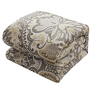 Stratford Park 6-Piece Grey Yellow Comforter Set for Girls, King Size, Elegent Floral Bedding Set, Jacquard Design, Matching Bedskirt, Pillows & Shams