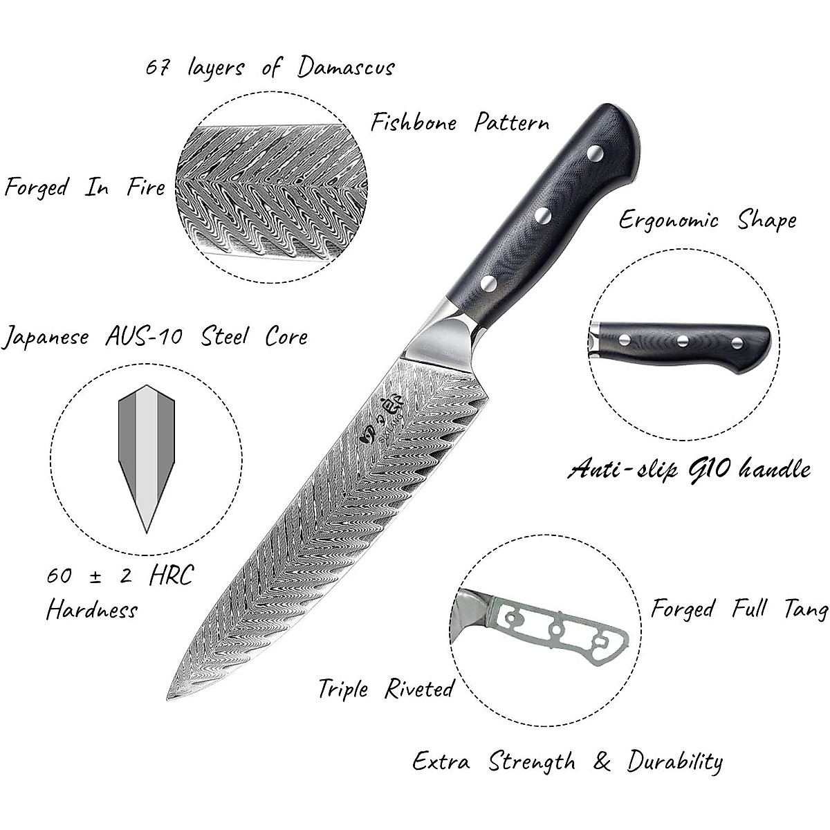 SIXILANG Knife Set, 3 PCS Professional Damascus Chef Knives, 67 Layer Japanese AUS10 Steel Core Forged Kitchen Knives, Well-Balanced Full Tang Handle Triple Rivet Handle - Black Gift Box