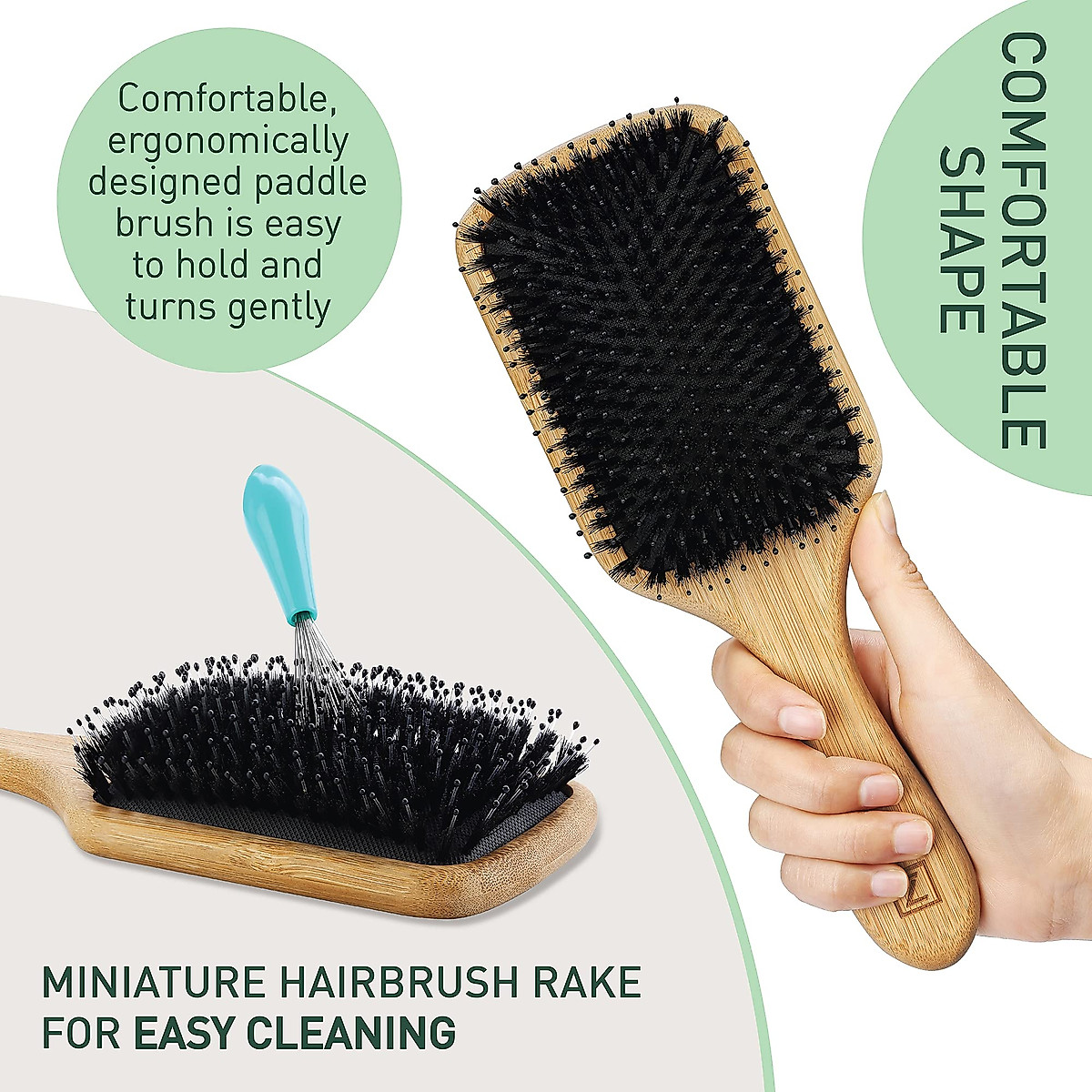 Natural Boar Bristle Hair Brush for Women, Men, Kids; Dry and Wet Detangling Hair Brush Gently Enhances Shine, Smooths Frizz and Prevents Breakage in Fine and Straight, Thick and Curly Hair (paddle)