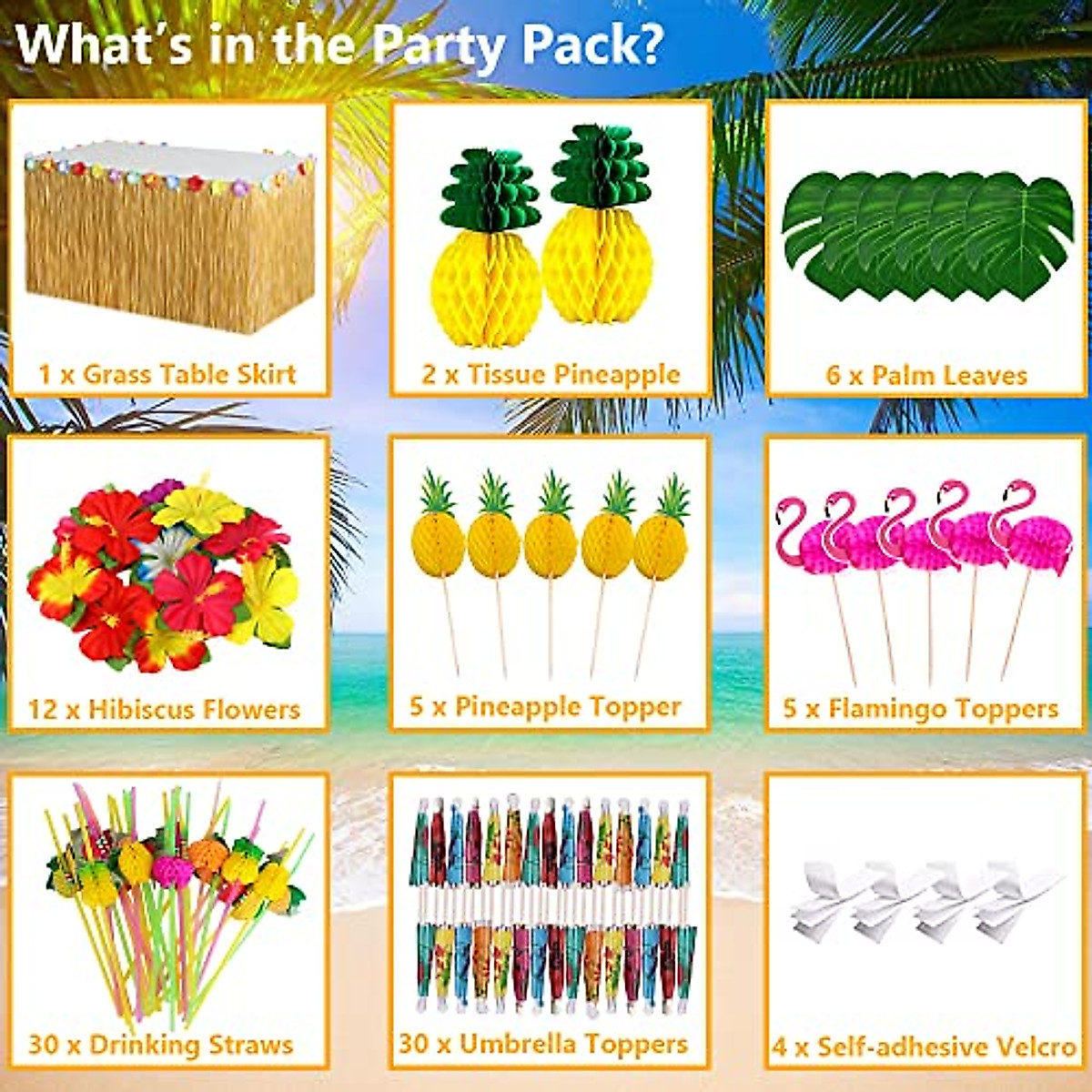 Tropical Luau Party Decorations Set Hawaiian Beach Theme Party Favors Luau Party Supplies with 9ft Luau Grass Table Skirt, Palm Leaves, Hibiscus Flowers, 3D Fruit Straws, Flamingo and Pineapple Décors