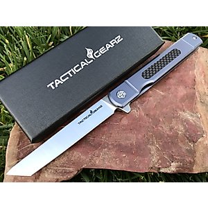 TACTICAL GEARZ Pocket Folding Knife w/Titanium Handle for EDC! D2 Steel Tanto Blade! (Tatsu Standard Blue)