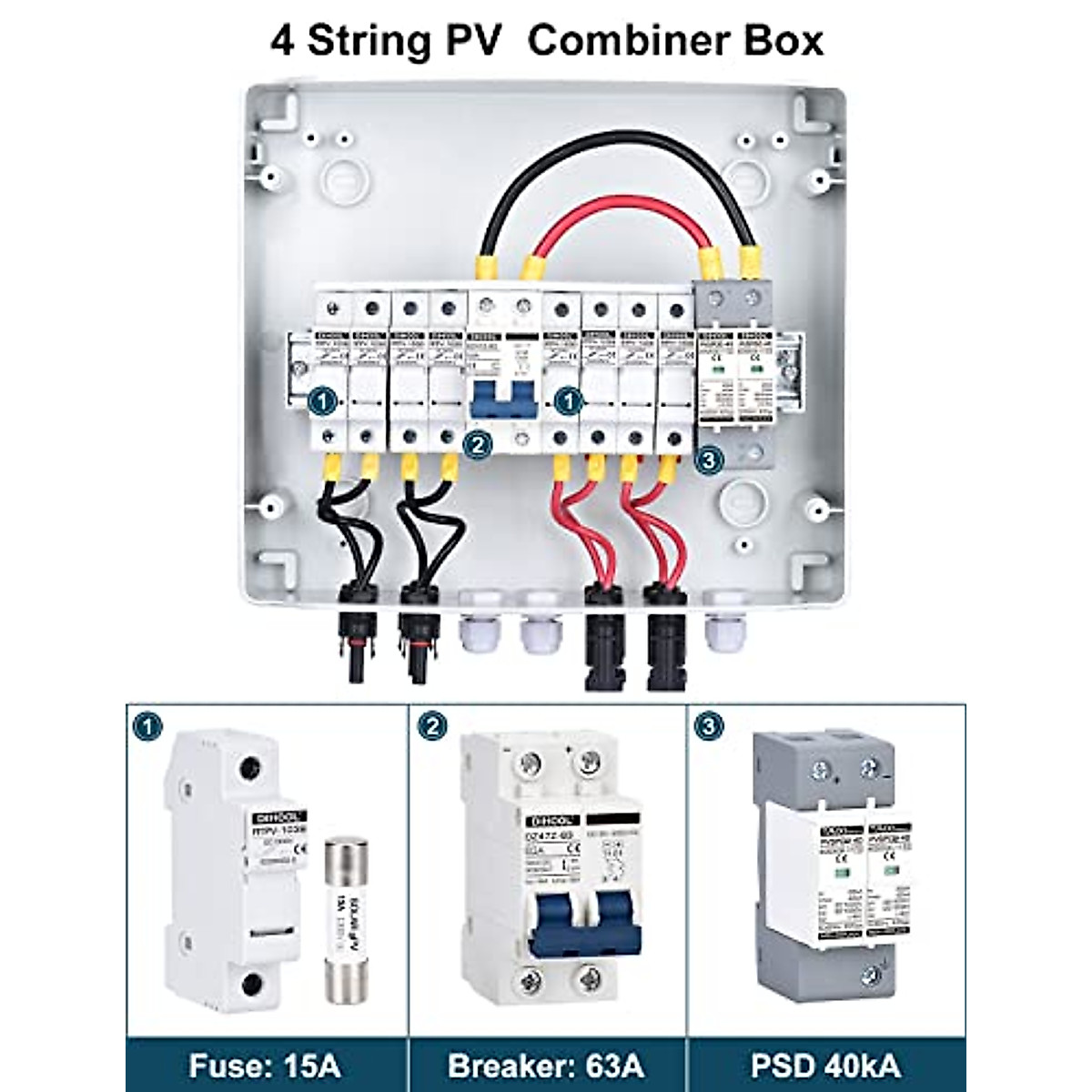 DIHOOL 4 String PV Solar Combiner Box for Solar Panels 10 Amp Fuse UV-Proof IP65 Waterproof Box DC500V