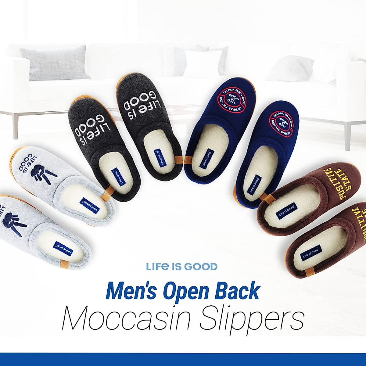 Life is Good Men's Open Back Fleece Slipper, 303593M - Suede & Fleece Indoor/Outdoor Plush & Cozy with Soft Foam & Rubber Sole Slippers, Dark Brown - Positive State, 10