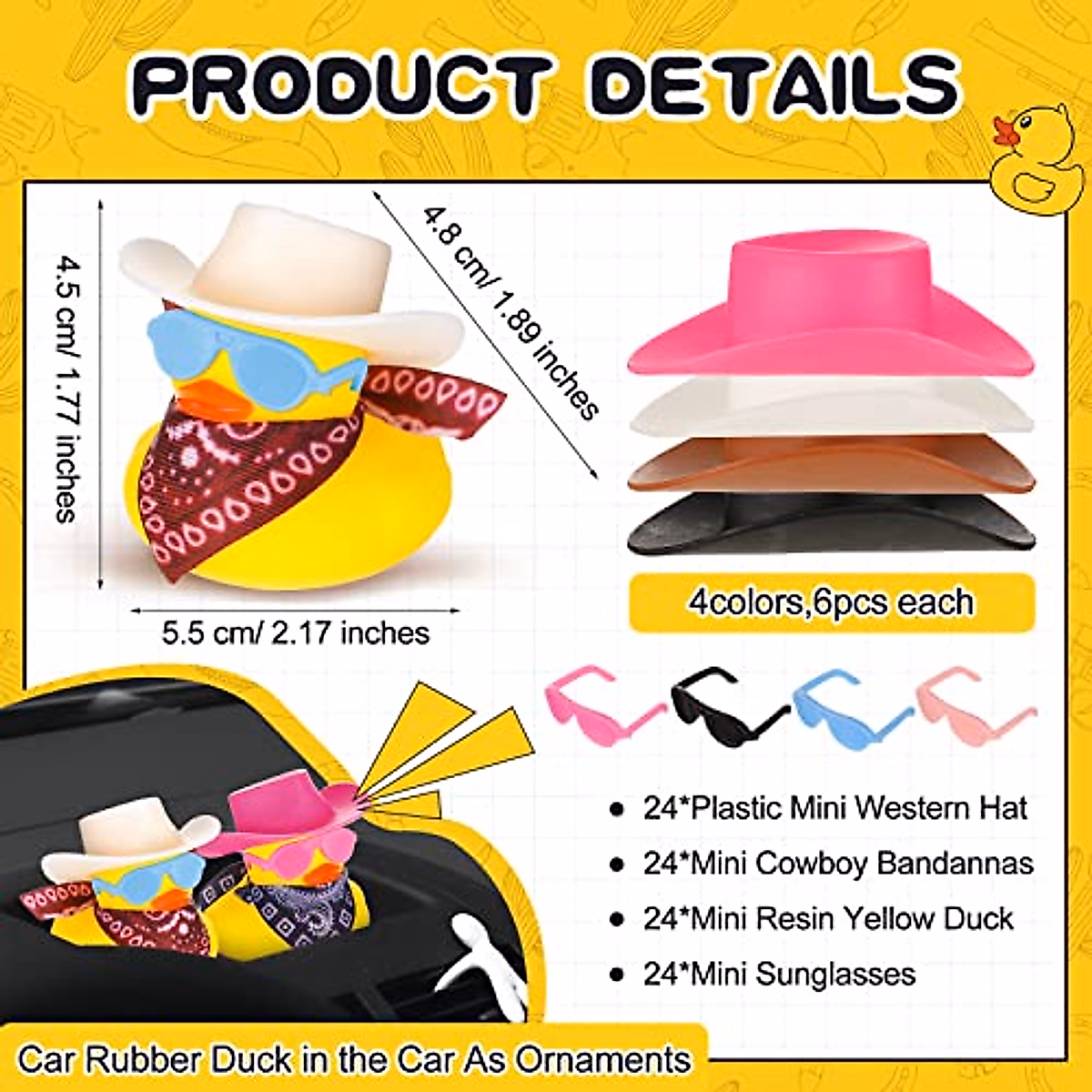 24 Sets Cowboy Rubber Ducks with Mini Cowboy Hat Scarf and Sunglasses Cute Bath Rubber Ducks Small Bathtub Accessories Toys for Baby Shower Birthday Swimming Party Gifts Decorations