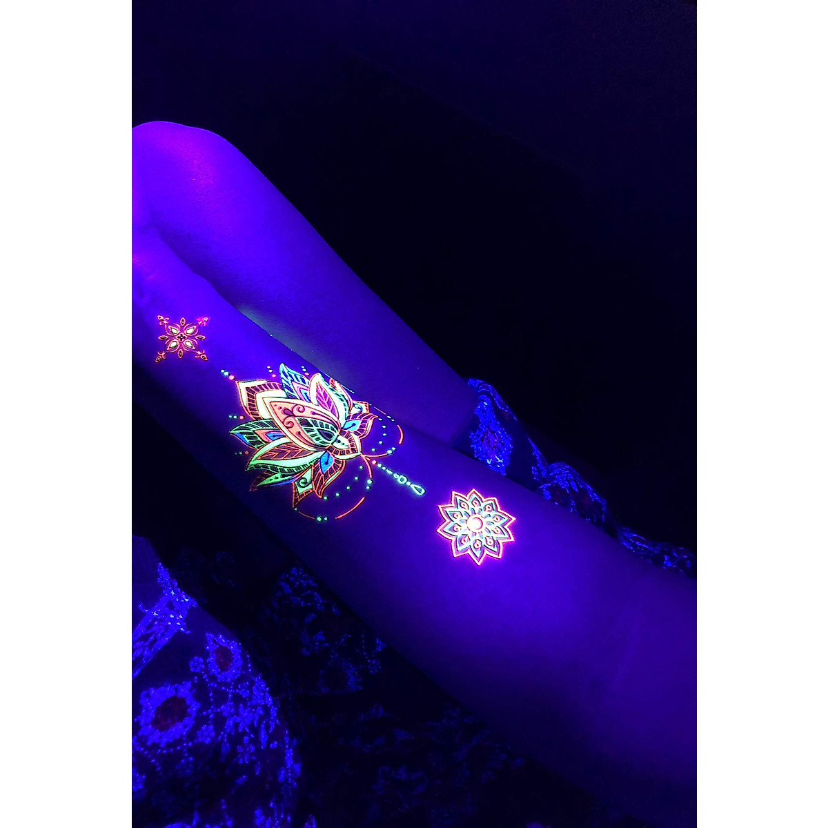 Temporary Tattoos for Glow Party UV Blacklight – 1 Sheet Lotus Floral Body Paint Art Light Festival Accessories Glow in the Dark Makeup | 7.2” x 5.2” Temp Great for EDM EDC Party Rave Parties
