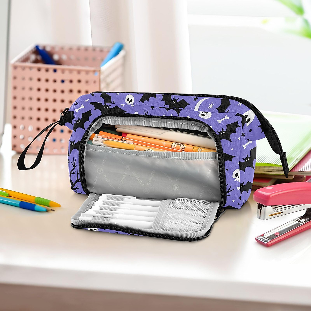 Fustylead Cute Bat Skull Trees Canvas Pencil Bag Large Storage Pouch Marker Pen Case Simple Stationery Bag School College Office Organizer