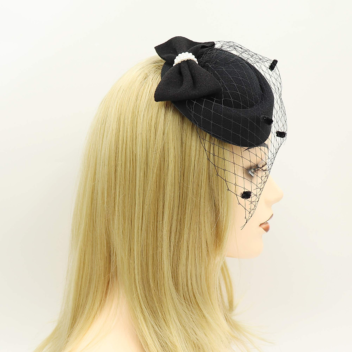 Umeepar Bowknot Pillbox Fascinator Hat for Women Wedding Tea Party Hat Headband Hair Clip with Veil (Black)