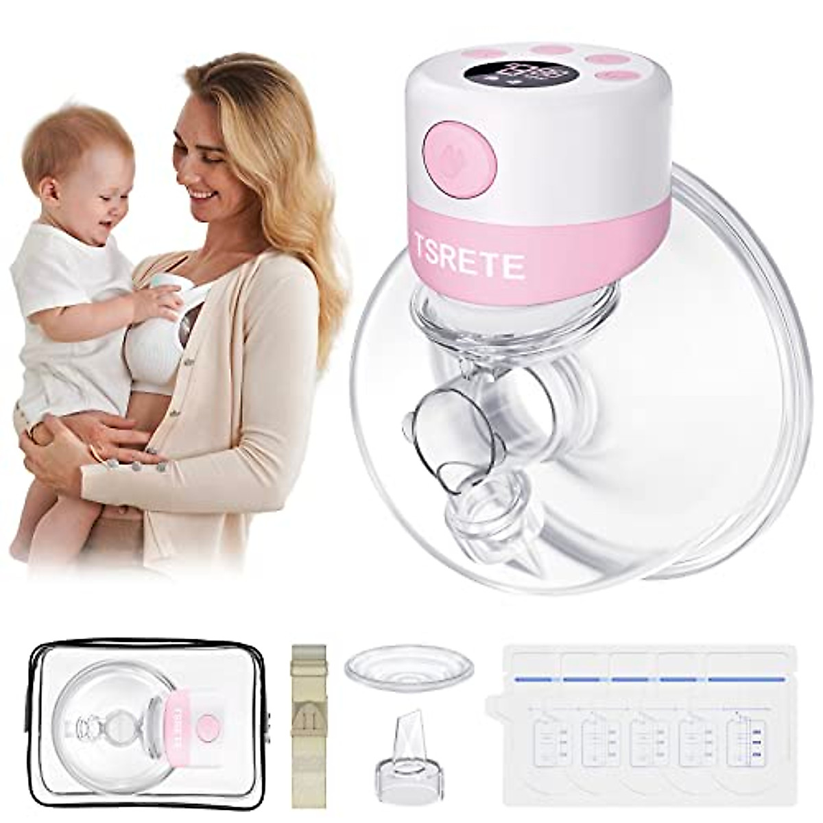 Breast Pump Electric,TSRETE Wearable Breast Pump,Hands Free Breast Pump,Portable Breast Pump with 2 Modes,9 Levels,LCD Display,Memory Function Rechargeable Single Milk Extractor - 24mm Flange