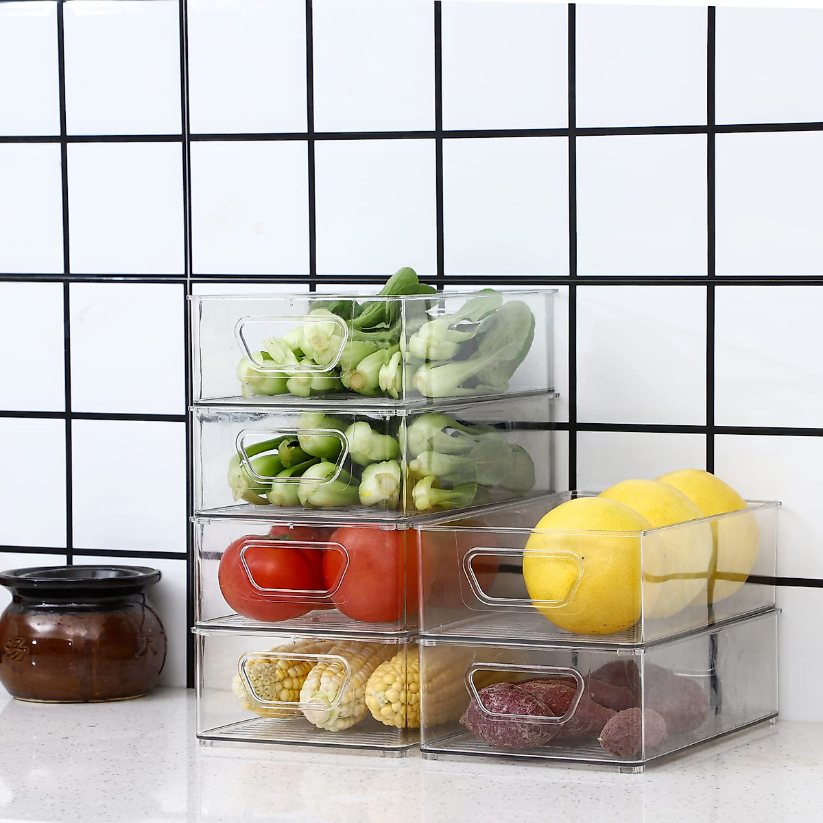 2 Pack Pantry Organization and Food Storage Bin,Stackable Clear Plastic Refrigerator Organizer Bins for Kitchen,Fridge, Cabinet Organization and Storage for Packets, Snacks, Fruit, Soda ,Spice Packets