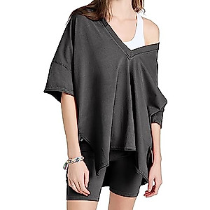 TIQOJE Womens Workout Set 2 Piece Outfits Oversized V Neck T Shirt Biker Shorts Reversible Set(-Darkgrey01-Medium)